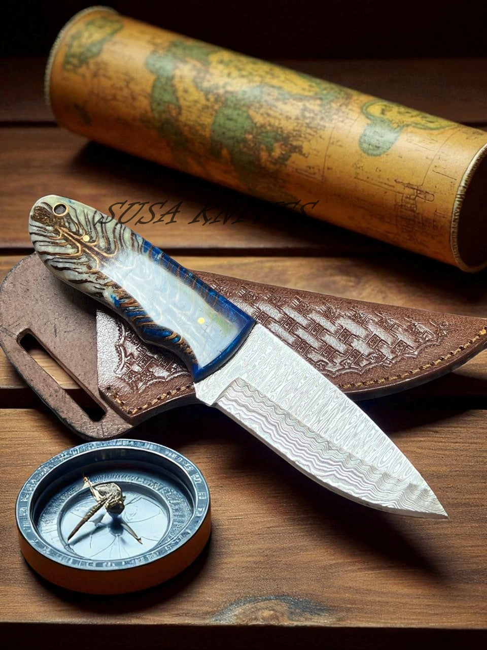 Handmade Damascus Steel Cowboy Knife with Pinecone Handle & Cross Draw ...