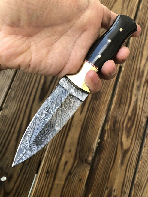 HAND FORGED DAMASCUS STEEL Dagger Boot Knife W/ Horn & Brass Bolster H ...