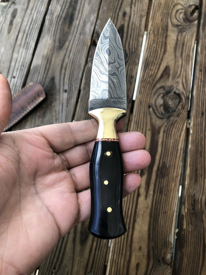 HAND FORGED DAMASCUS STEEL Dagger Boot Knife W/ Horn & Brass Bolster H ...