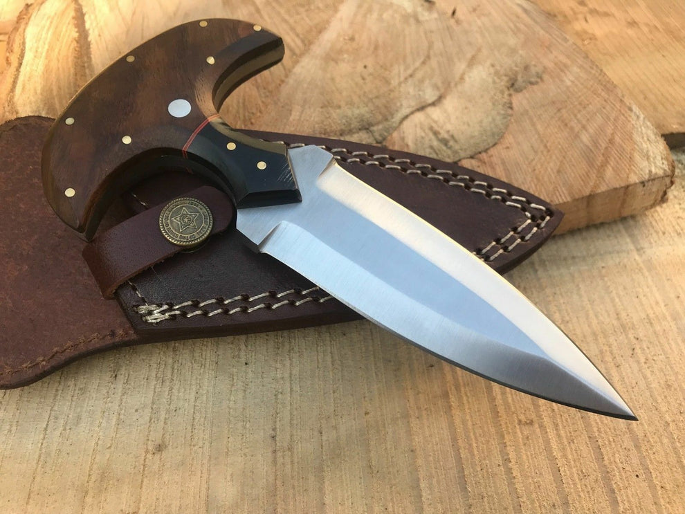 CUSTOM HANDMADE HUNTING BOOT KNIFE D2 STEEL WOOD HANDLE LEATHER WITH S ...