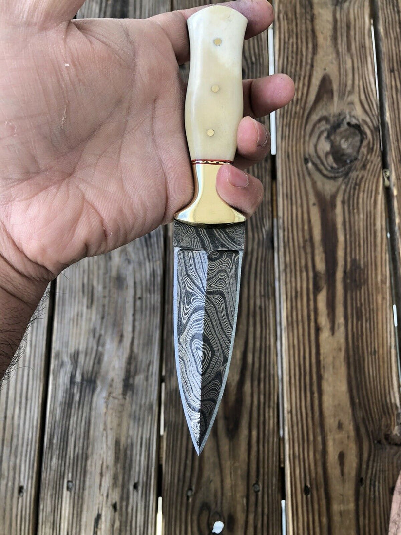 HAND FORGED DAMASCUS STEEL Dagger Boot Knife W/ Camel Bone &Brass Bols ...